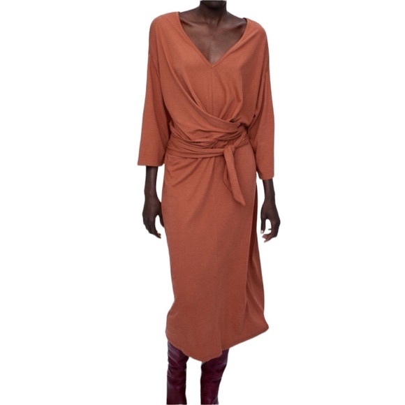 Zara | Dresses | Zara Rustic Wrap Burnt Orange Rust Knit Midi Dress M ...